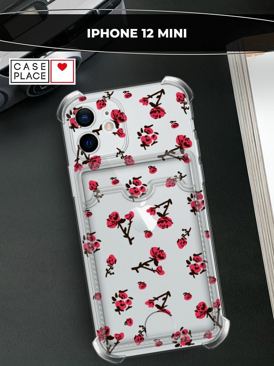 Чехол на Apple iPhone 12 mini (Айфон 12 Мини) с картой и принтом Паттерн красные розы