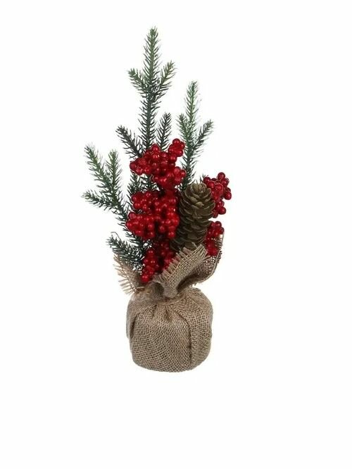 Ёлочка декоративная 34 см с деревянной подставкой на пеньке, ягодами и шишками