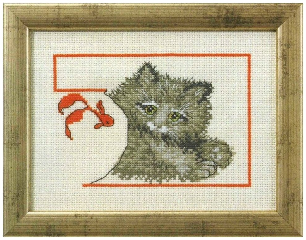 Набор для вышивания Permin #92-0143 Котенок с рыбкой, Счетный крест, 15 x 20 см