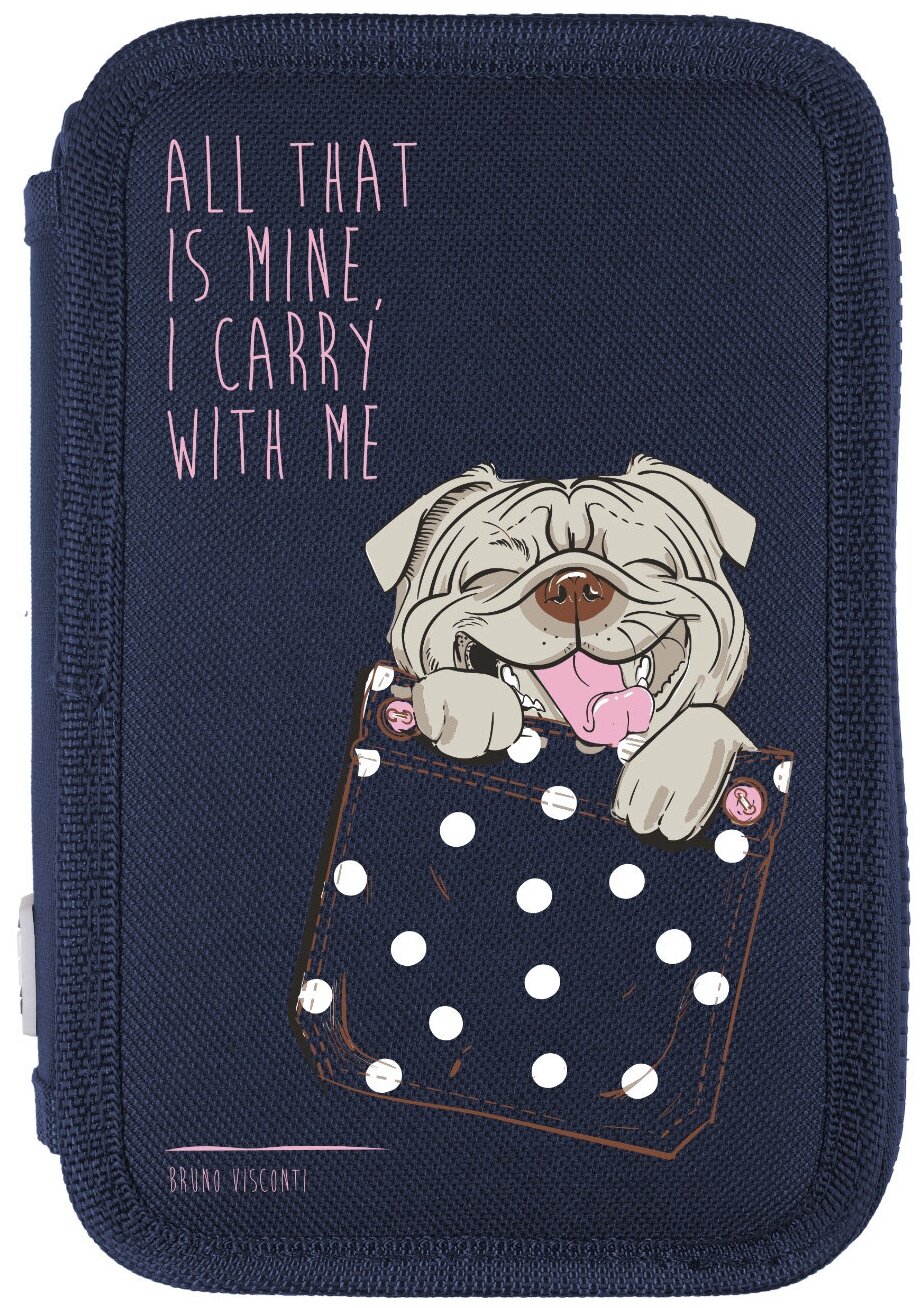 Пенал BrunoVisconti, на молнии, два отделения , синий, 200х130 мм, "карманные животные. собачка", 14-051/27