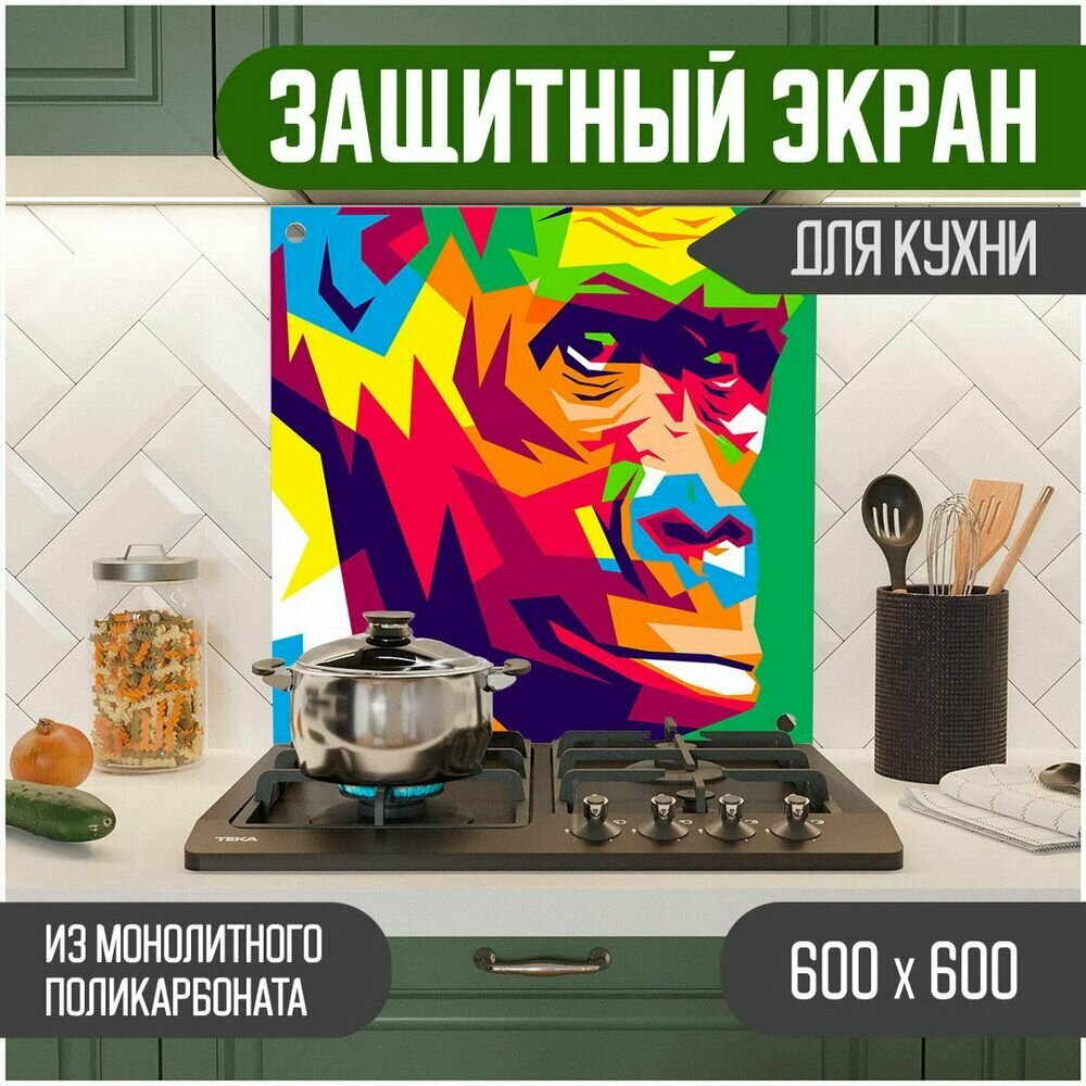 Фартук для кухни, Защитный экран из акрилового стекла (поликарбонат) на кухонный фартук в зону мойки и плиты с фотопечатью. Панель на стену с рисунком Обезьяна 600 х 600 х 3 мм, 600-006