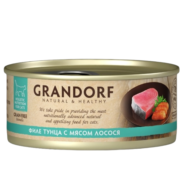 Консервы Grandorf для взрослых кошек с филе тунца и мясом лосося, 70 гр