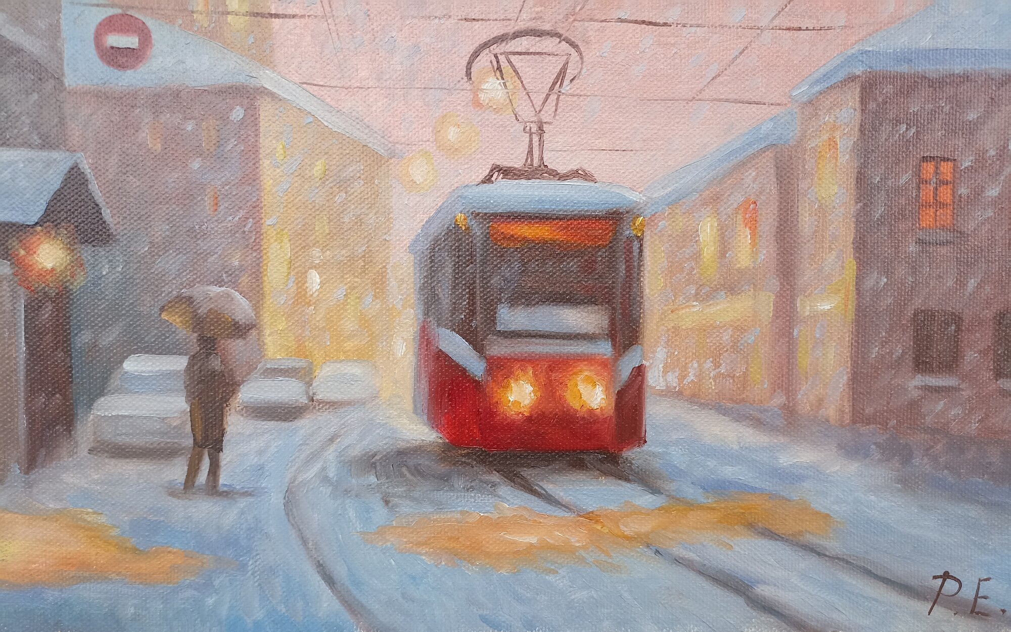 Картина масло/холст. 100% ручная работа, 100% живопись от Художественной мастерской Грёзы. Старая Москва. Картина из серии "Улочки Москвы". Зима. Московский трамвай. Размер картины 20х30 см.
