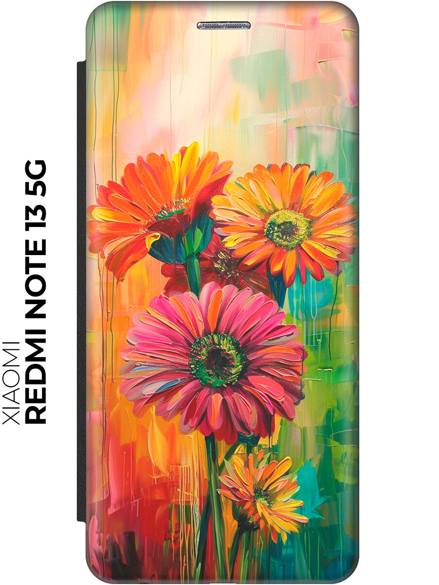 Чехол-книжка на Xiaomi Redmi Note 13 5g / Сяоми Редми Ноут 13 5г с рисунком "Герберы гуашью" черный