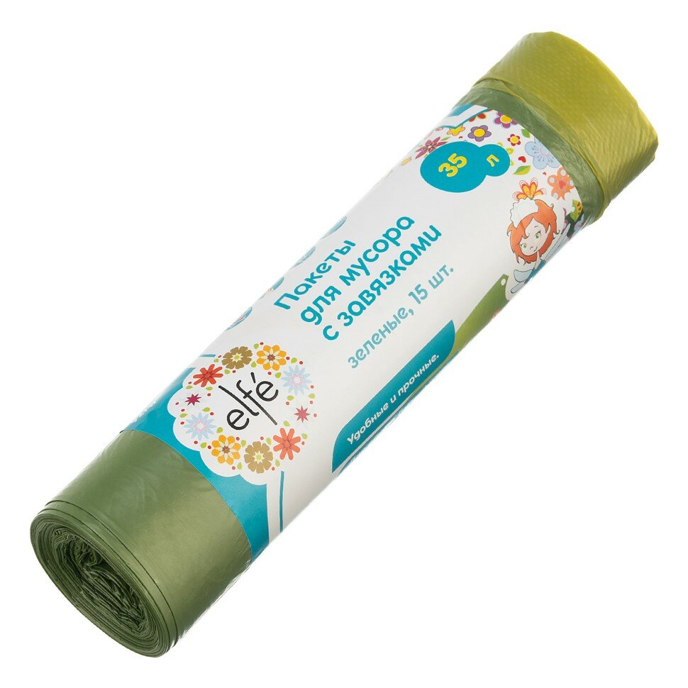 ELFE Пакеты для мусора с завязками 35 л х 15 шт, зеленые, Россия Elfe, ( 92717 )