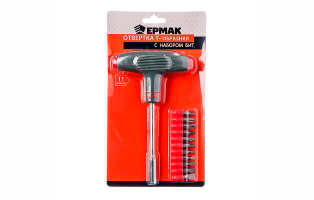 Отвертка Т-образная ермак с набором бит, 11 предметов