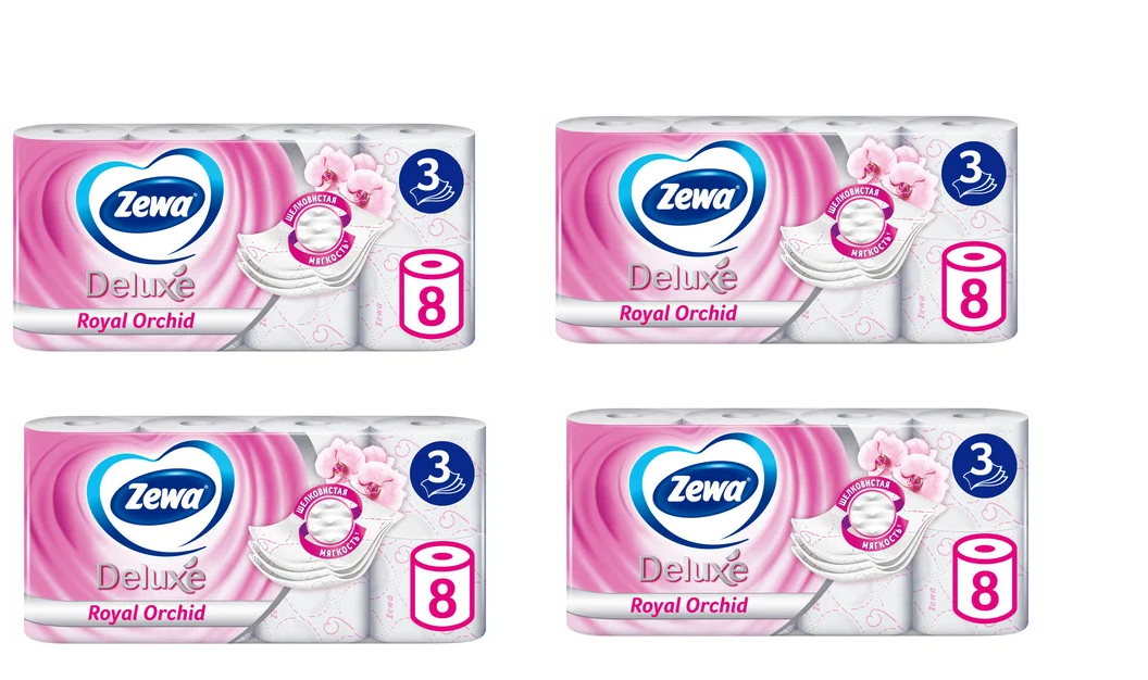 Туалетная бумага Zewa Deluxe, 3-х слойная, орхидея, 8 шт, 4 уп