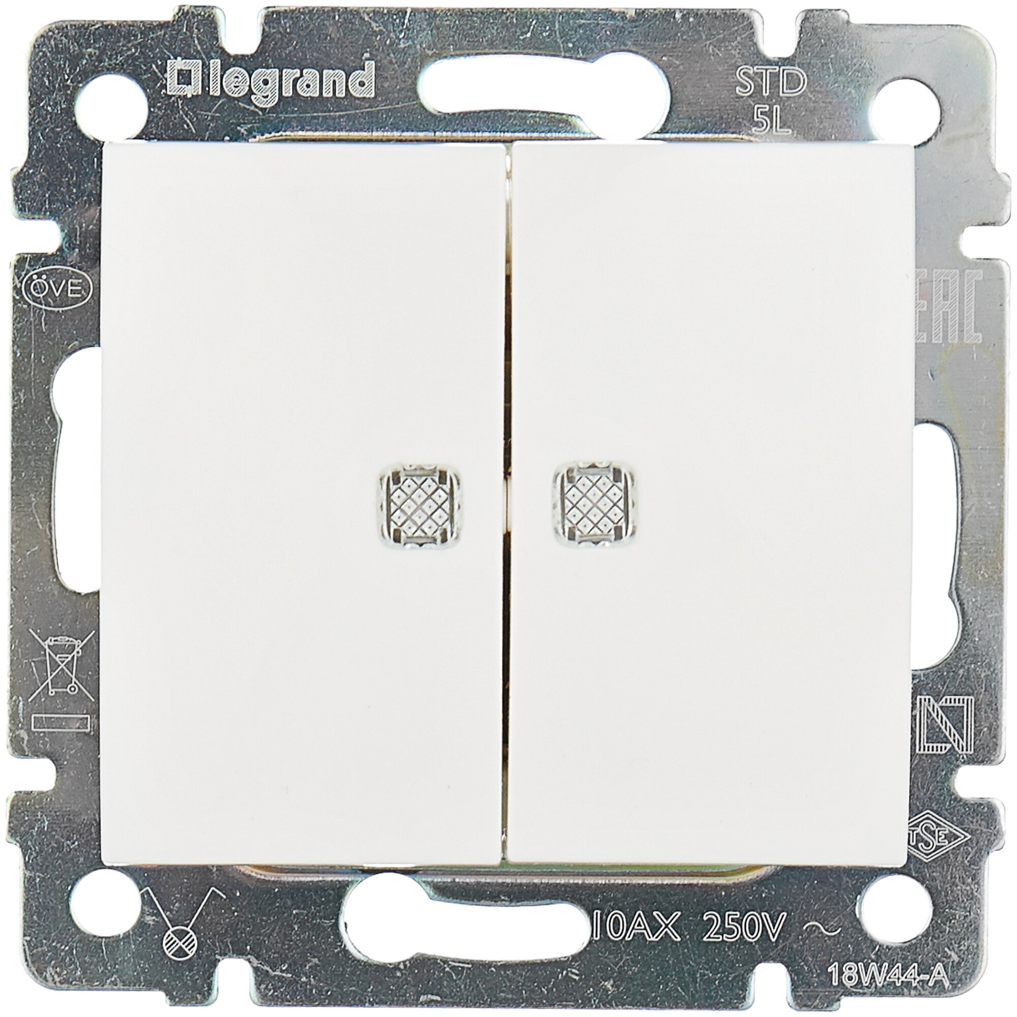 Двухклавишный выключатель LEGRAND VALENA c подсветкой в рамку (Белый) арт.774428