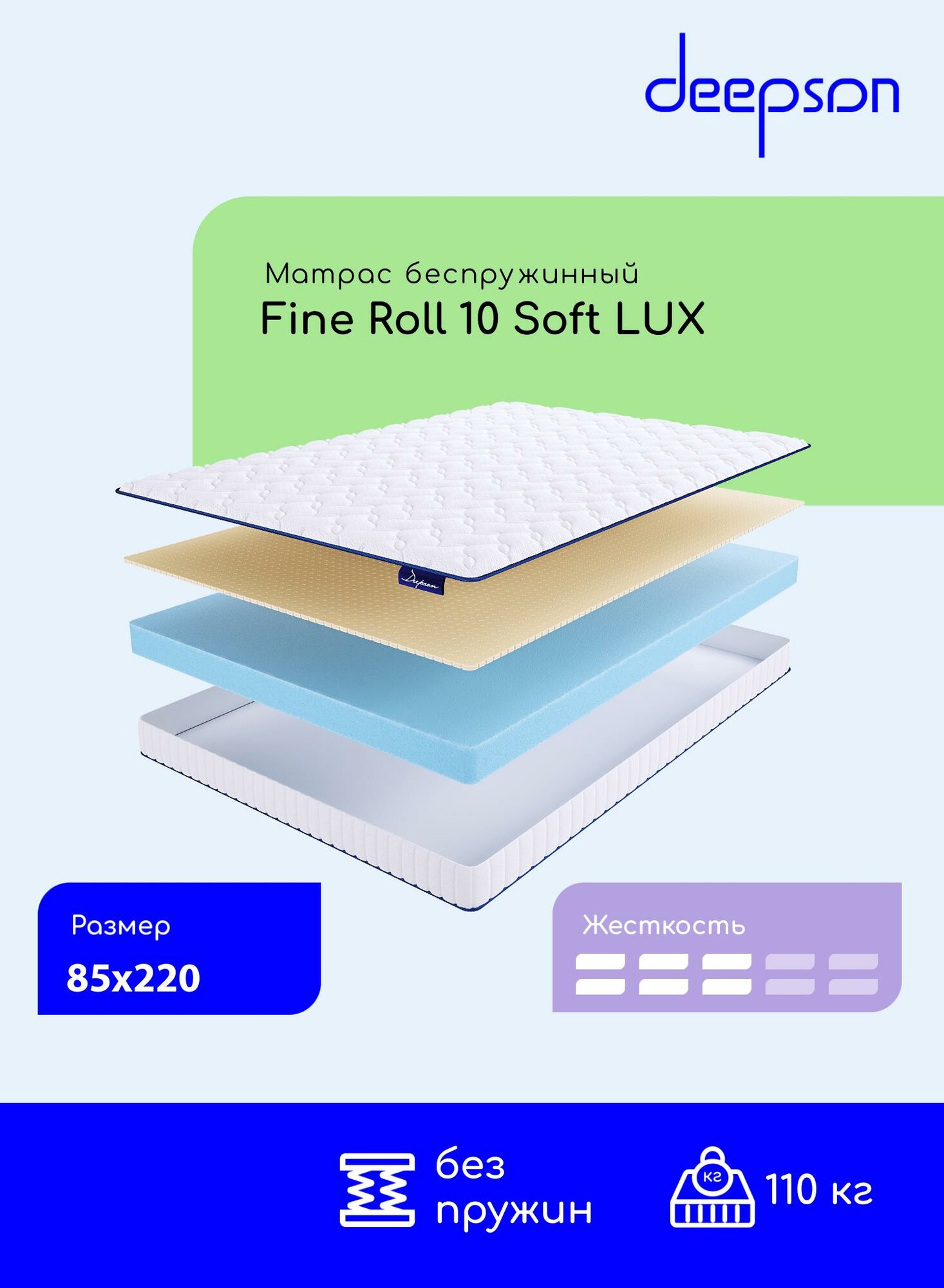 Матрас 85x220 ортопедический буспружинный Fine Roll 10 Soft LUX высота 13 см