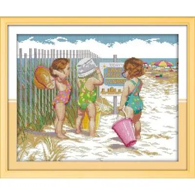 Набор для вышивания крестом «Дети на пляже» Joy Sunday 14CT 11CT R469, 14CT Unprinted