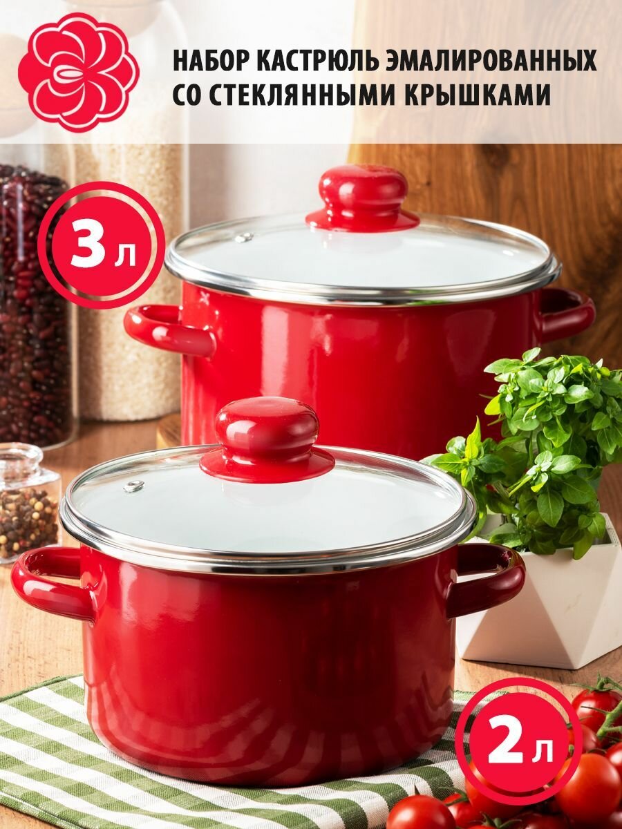 Набор эмалированный 2 предмета Вишневый сорбет стеклянная крышка