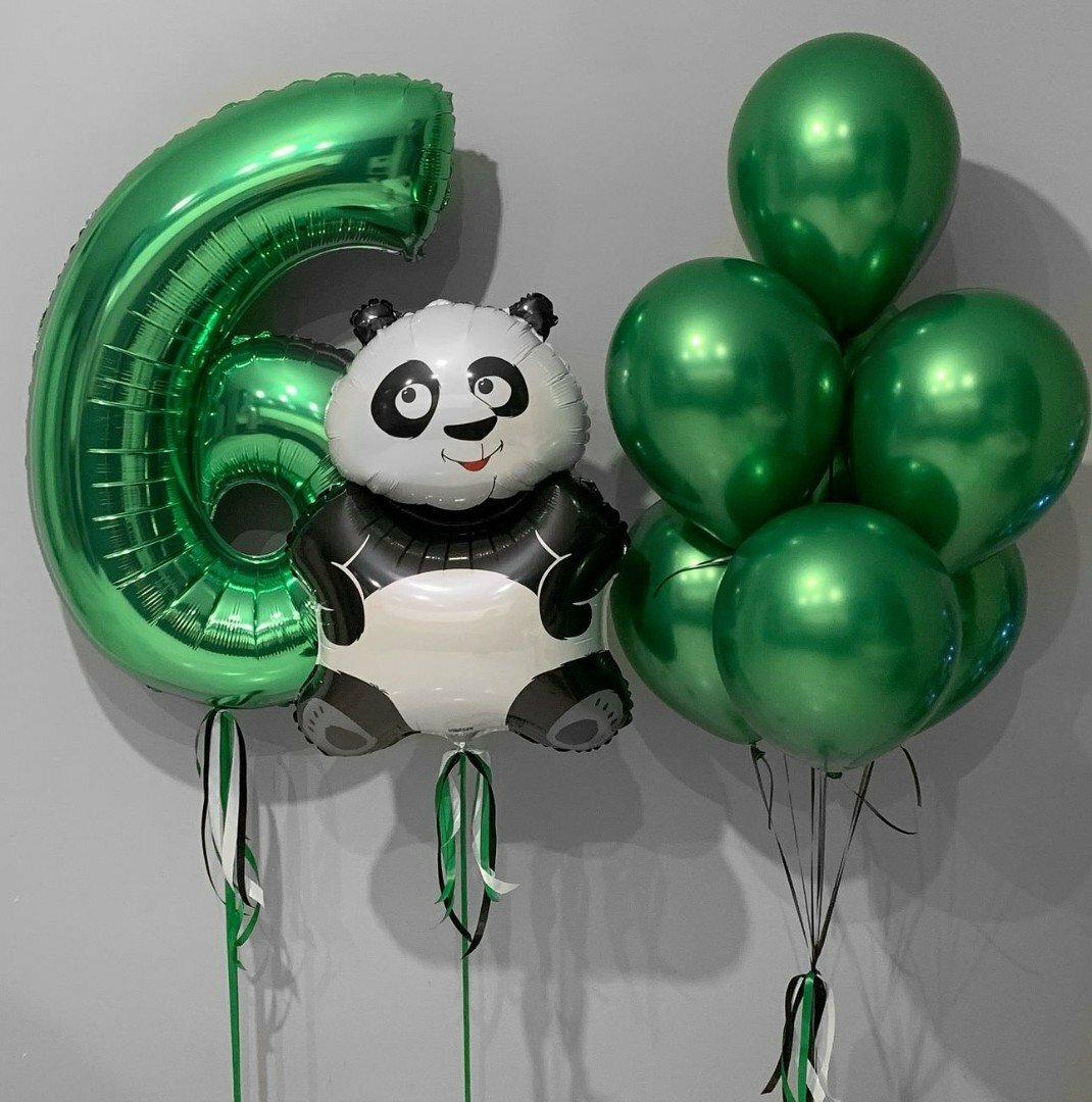 Шарики на День рождения зеленые-хром с цифрой и пандой