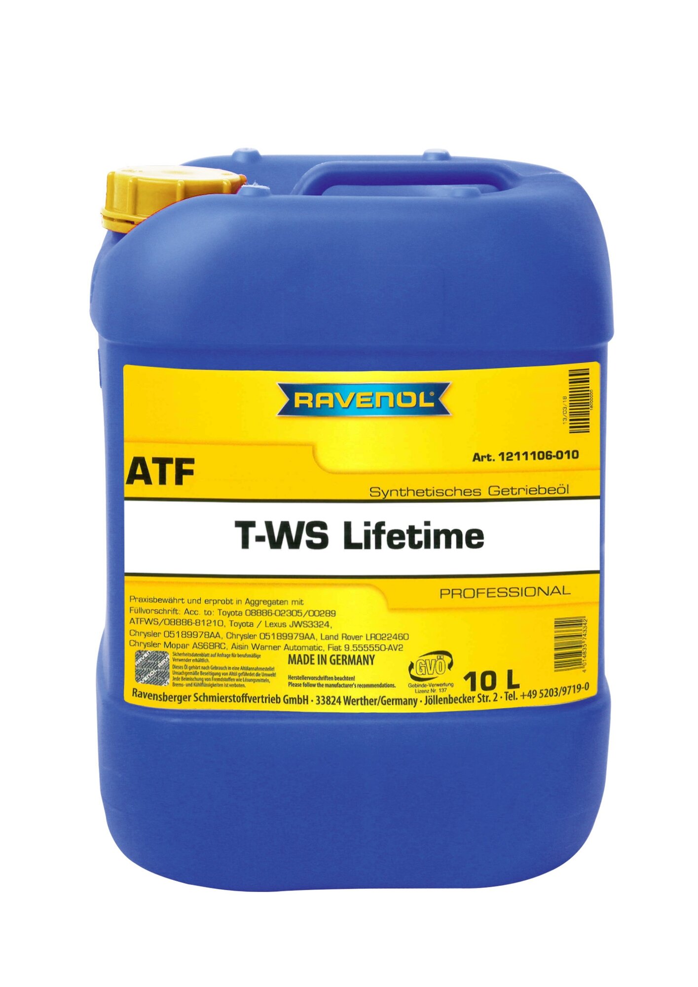 Трансмиссионное масло ATF TWS Lifetime от бренда RAVENOL, 10 литров