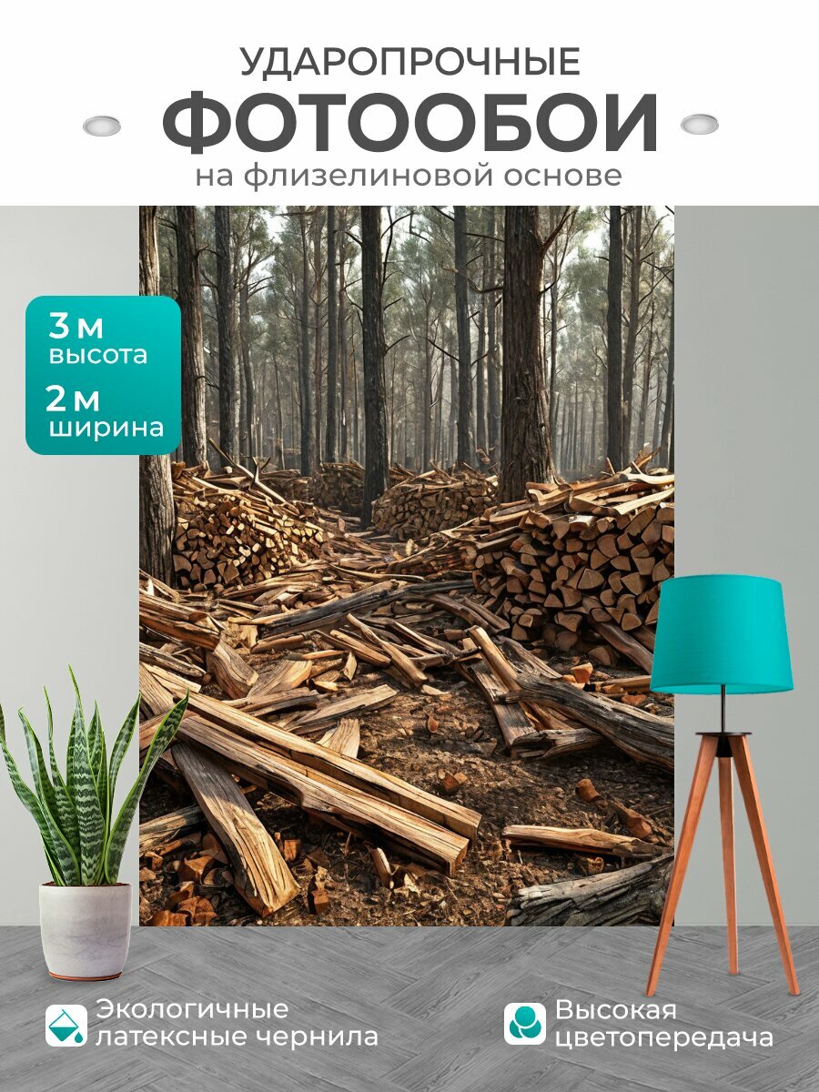 Фотообои моющиеся ударопрочные лесорубам "Заготовка дров, бревна для бани, сбор валежника, сосновый лес, опушка" 200x300 см. флизелиновые на стену