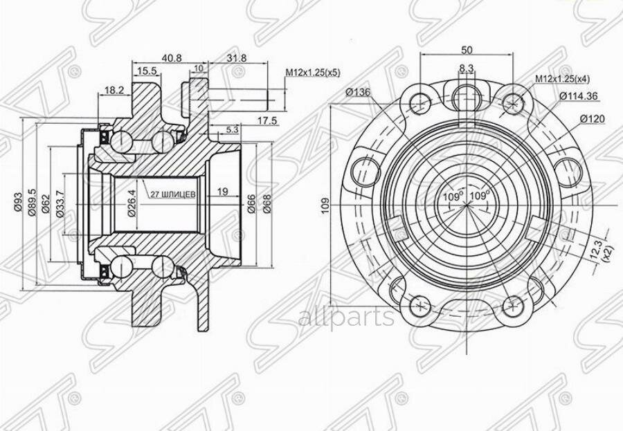 SAT ST-40202-EJ70B Ступичный узел перед INFINITI G25/35/37/FX35/45/QX50/QX70/SKYLINE 4WD 04-