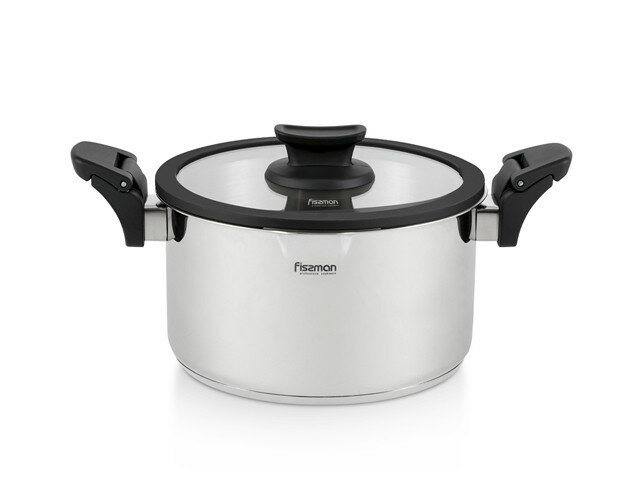 5218 FISSMAN Кастрюля LORA 2,5л; 18x11 см с крышкой (нерж. сталь) Ручки-бакелит; Крышка-стекло; Индукция; Термоаккумулирующее многослойное дно.