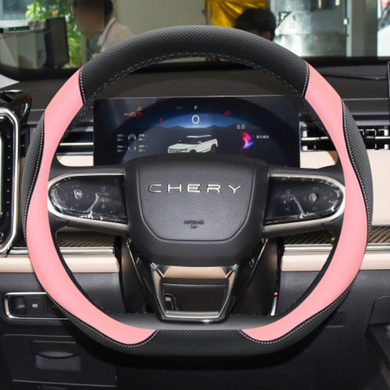 Кожаный чехол на рулевое колесо серии Chery Tiggo Черный и розовый D-тип