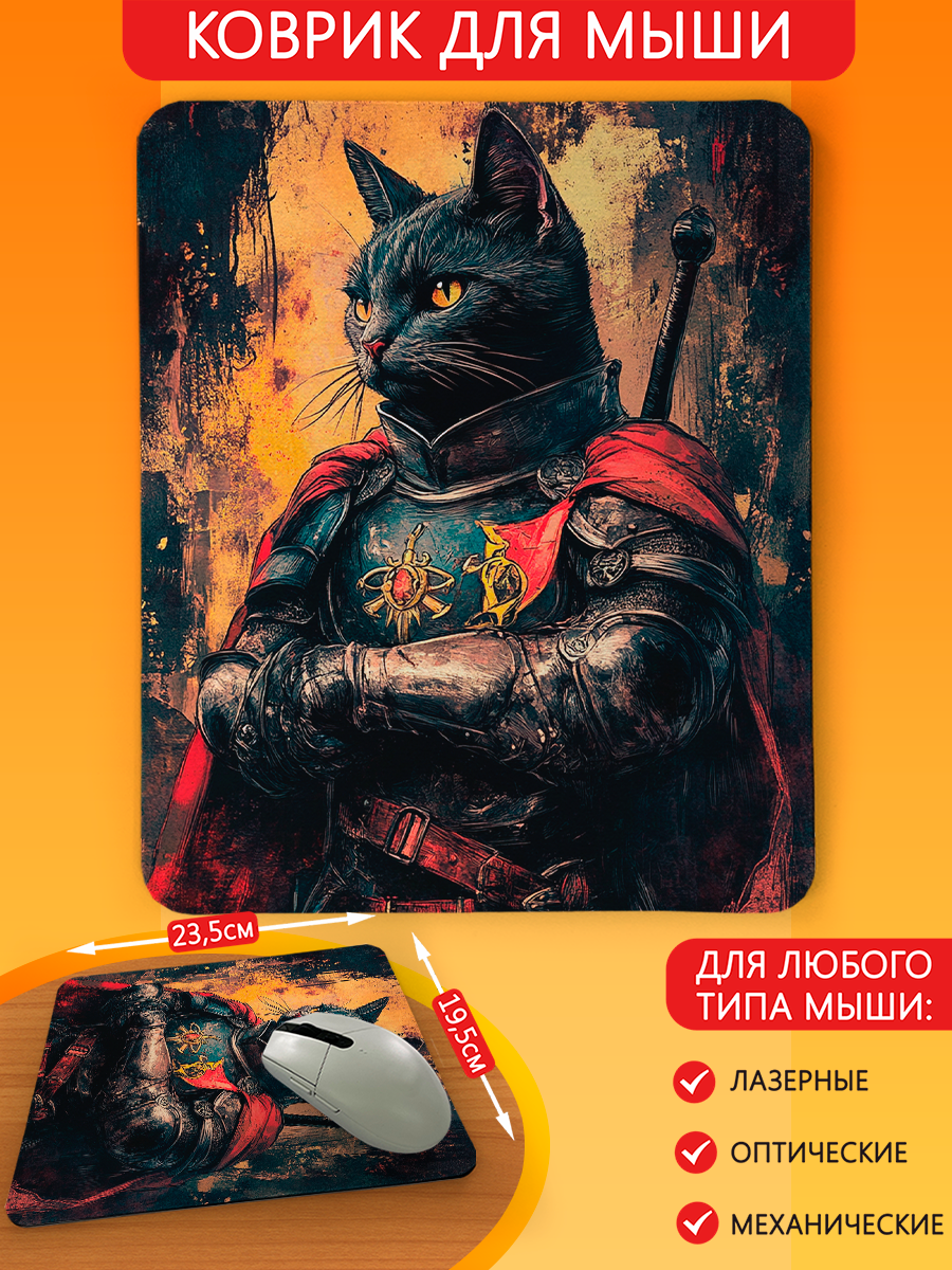 Коврик для мыши с принтом кот рыцарь (Дарк Фэнтези, кот с мечом, воин) - 8560 В