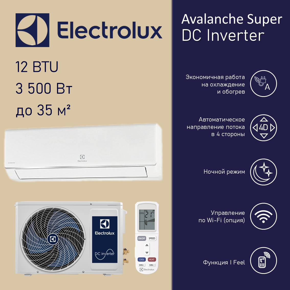Инверторный кондиционер Electrolux Avalanche Super DC Inverter EACS/I-12HAV/N8_22Y на 4 кВт (до 35 м2), A++, белый