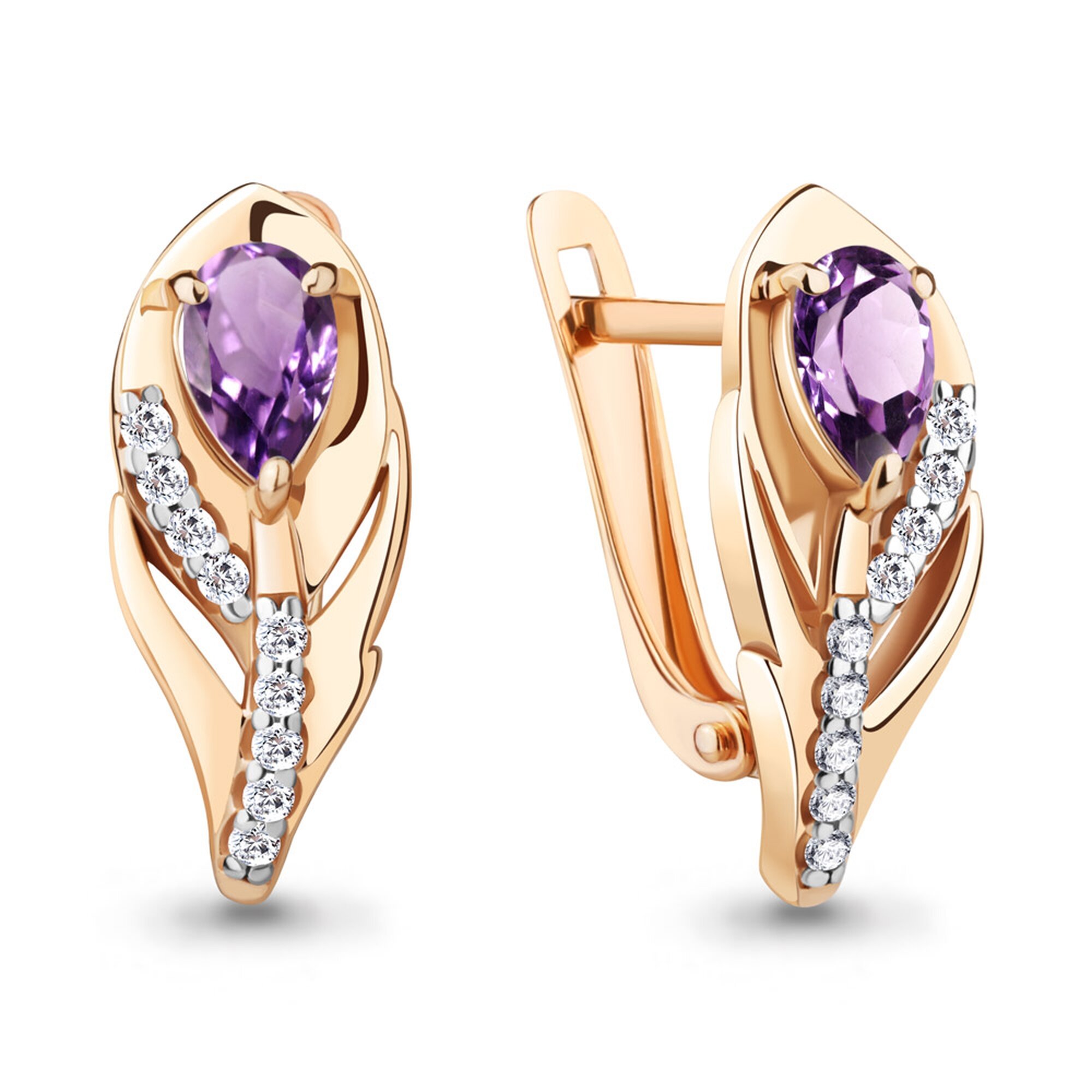 Серьги, серебро, 925 проба, золочение, фианит, аметист