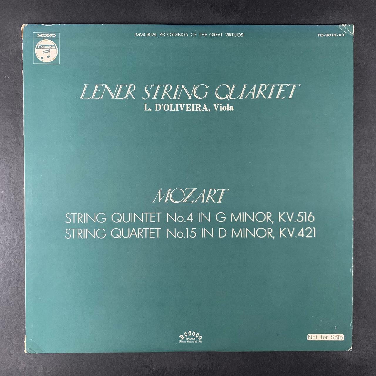 Mozart, Lener String Quartet And L. D Oliviera - Quintet No.4 In G Minor (K. 516), Quintet No.15 In D Minor (K. 421) (Виниловая пластинка)