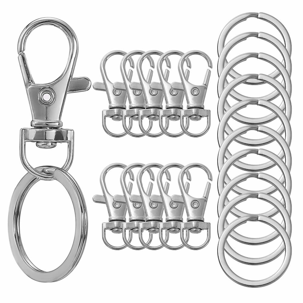 Карабин застежка 36 мм и кольца для ключей 25 мм, 20 шт в наборе, родиевое покрытие, фурнитура для брелков, сумок и DIY украшений, металлическая прочная фурнитура