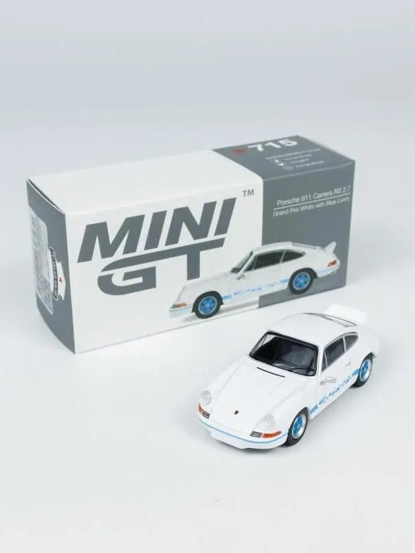 Машинка TSM MINI GT 1/64 #715 Porsche 911 Carrera RS 2.7 Grand Prix White with Blue Livery Die-cast Alloy Car Model Collection Display Gift