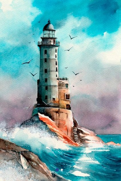 Алмазная мозаика (классическая) с подрамником, с полным заполнением "Серый маяк", 17 х 22 см