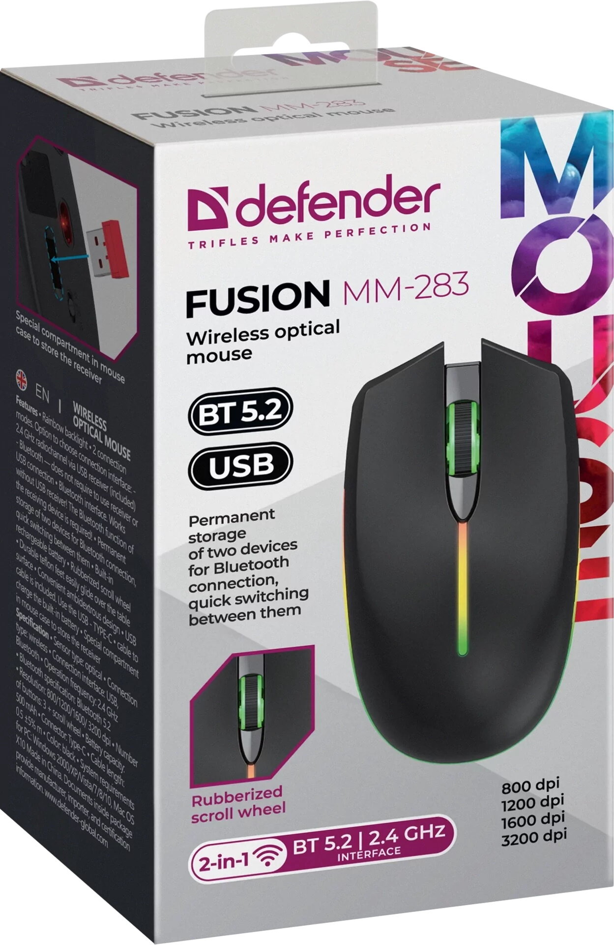 Мышь DEFENDER игровая бесп,+ Bluetooth 2,4G Fusion MM-283 Чер,4кн,500мАч, радуж (52283)