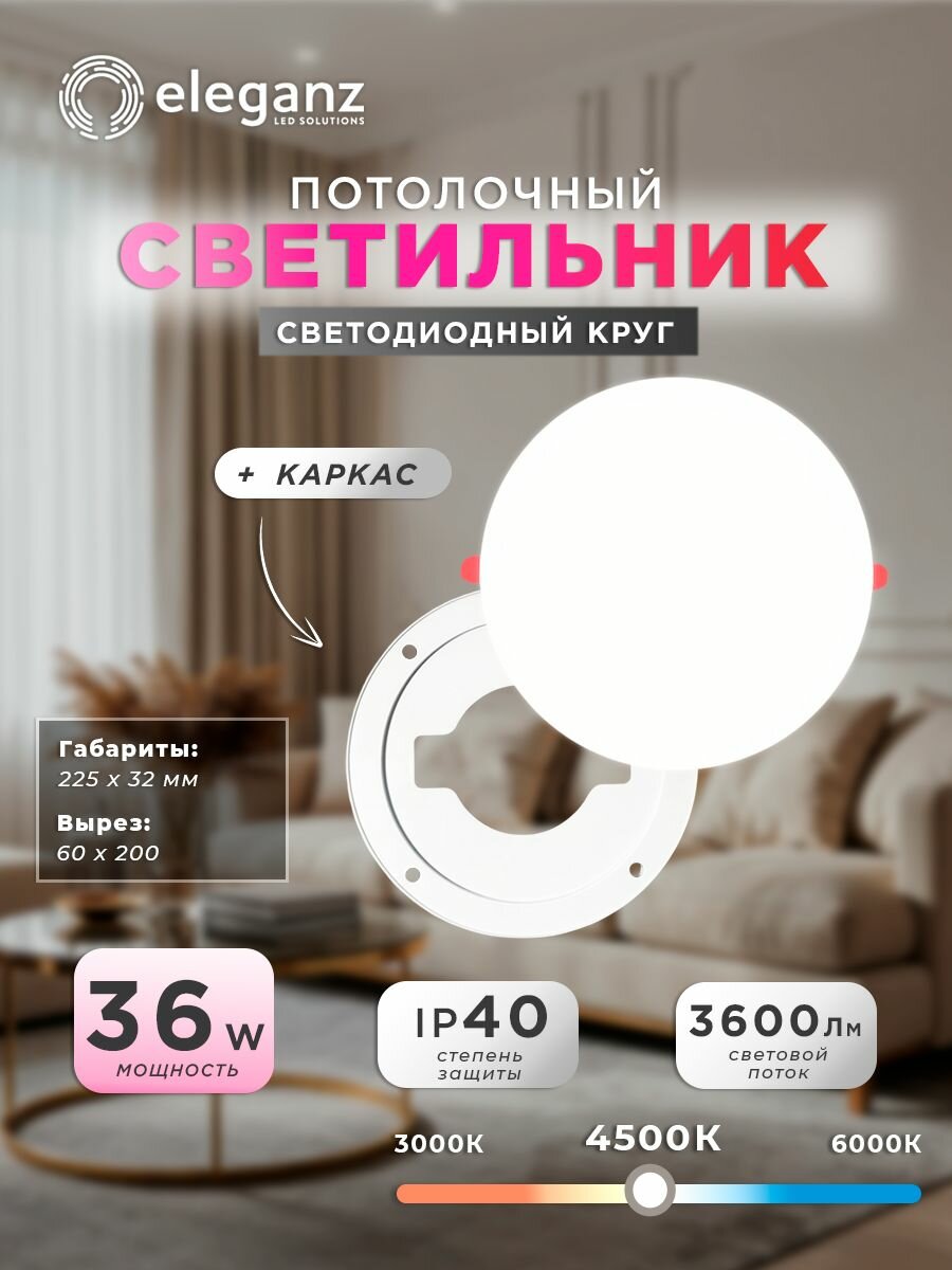 Светильник накладной Eleganz 36W, безрамочный круг, 4500К (кольцо в комплекте), 1 шт.
