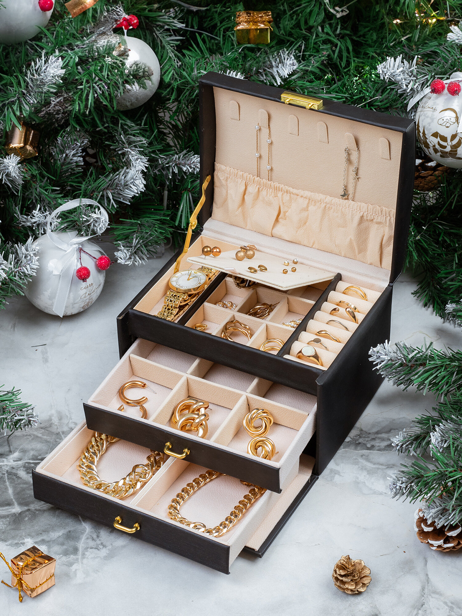 CLOX winder / Шкатулка для украшений с тремя ящиками, черная