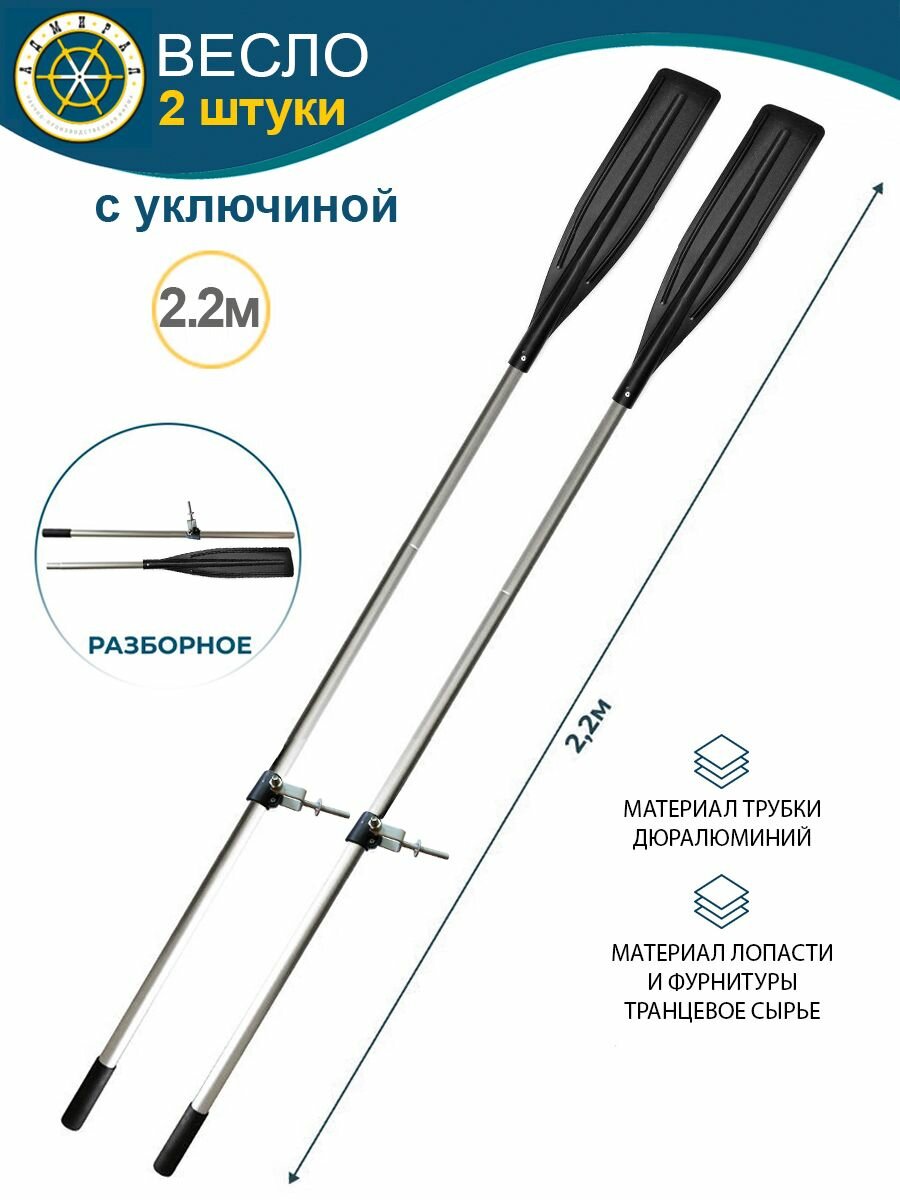 Весло разборное 2.2м Адмирал с уключиной лопасть 650*125 мм 2 шт
