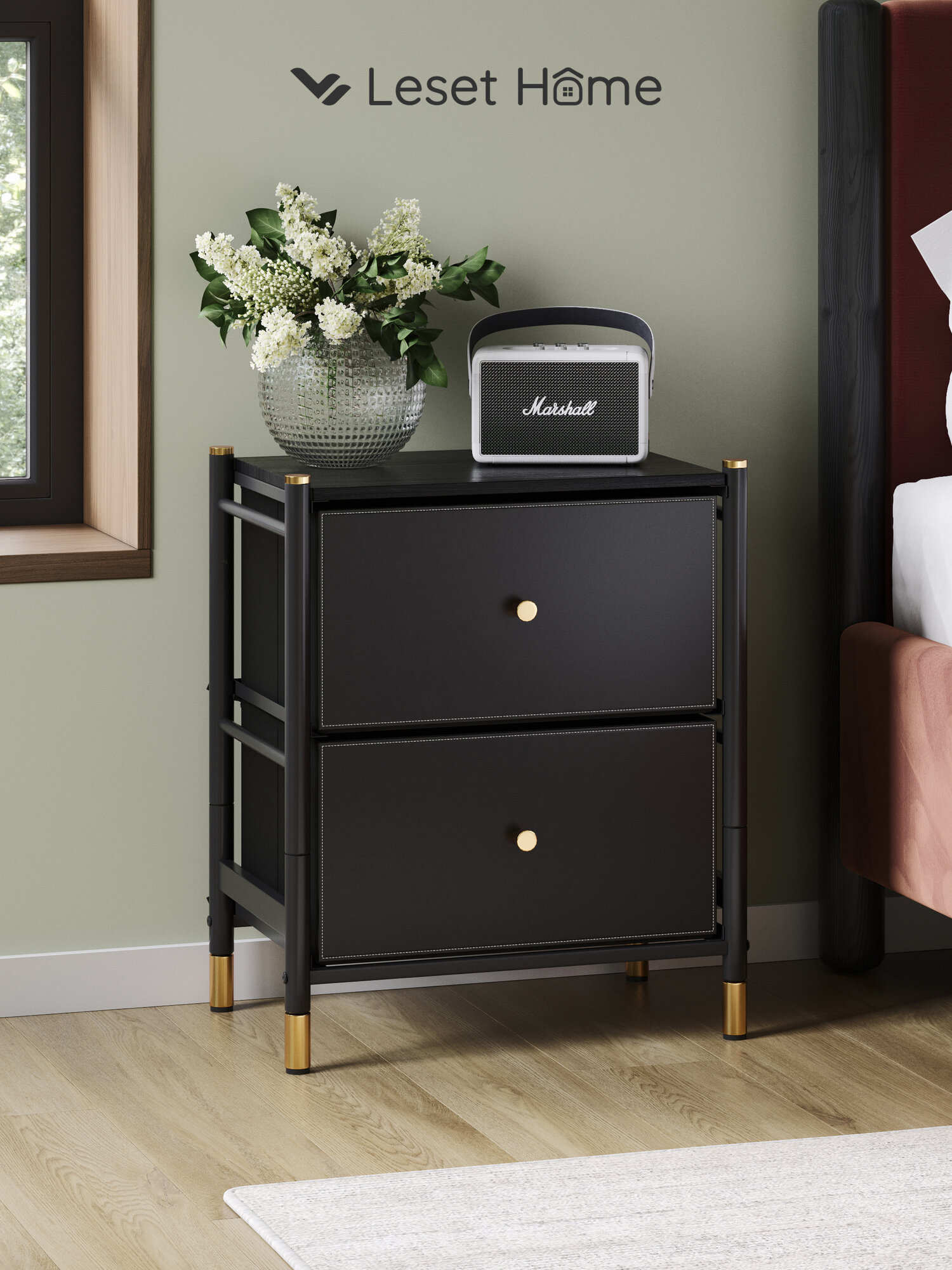 Комод Leset Нирита в спальню 2 ящика, тумба прикроватная, каркас металлический Чёрный, фасад экокожа