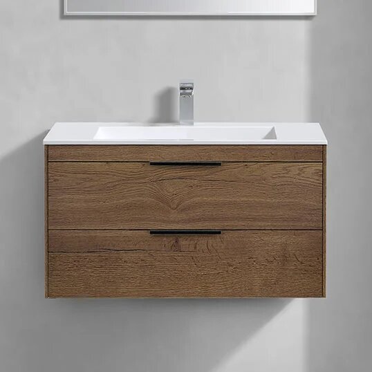 Тумба с раковиной Vincea Chiara 2D подвесная, 80 см, темное дерево, матовая, из ЛДСП, с ящиками, раковина для ванной, из искусственного камня, прямоугольная, лофт