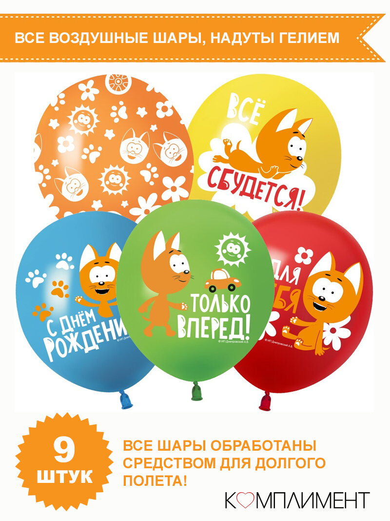 Набор воздушных шаров Котёнок Котэ с гелием "С Днем Рождения!", пастельные цвета, 9 шт