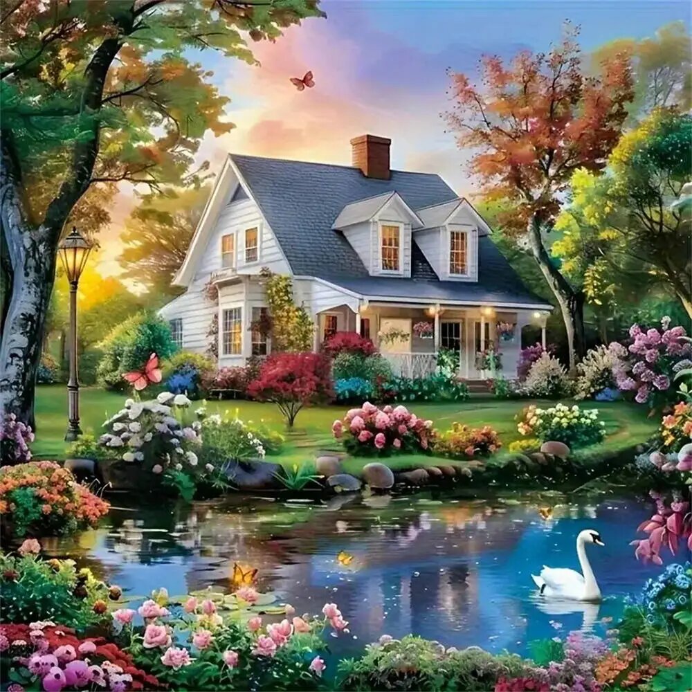 Алмазная картина "Дом у озера" 40x40 см, Full Square