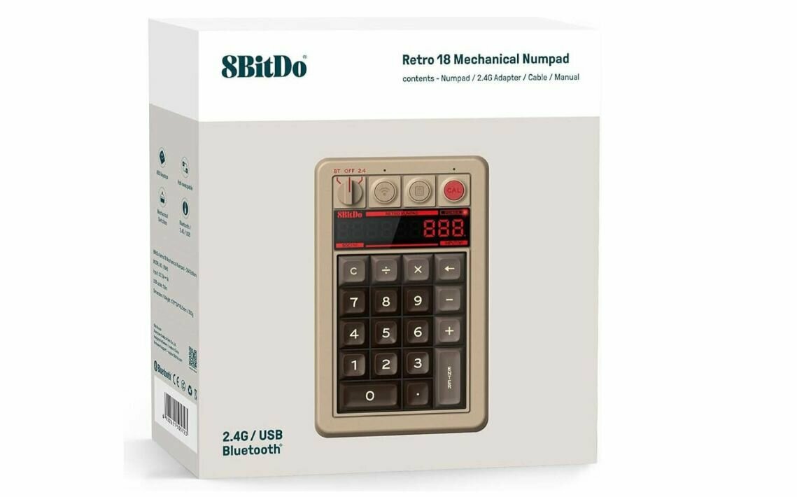 Игровая клавиатура 8BitDo нумпад 18 клавиш, Retro калькулятор, переключатели Kailh Box White V2, трехрежимное подключение, BT / 2,4 ГГц / USB-C, Hot Swap, черно-серый