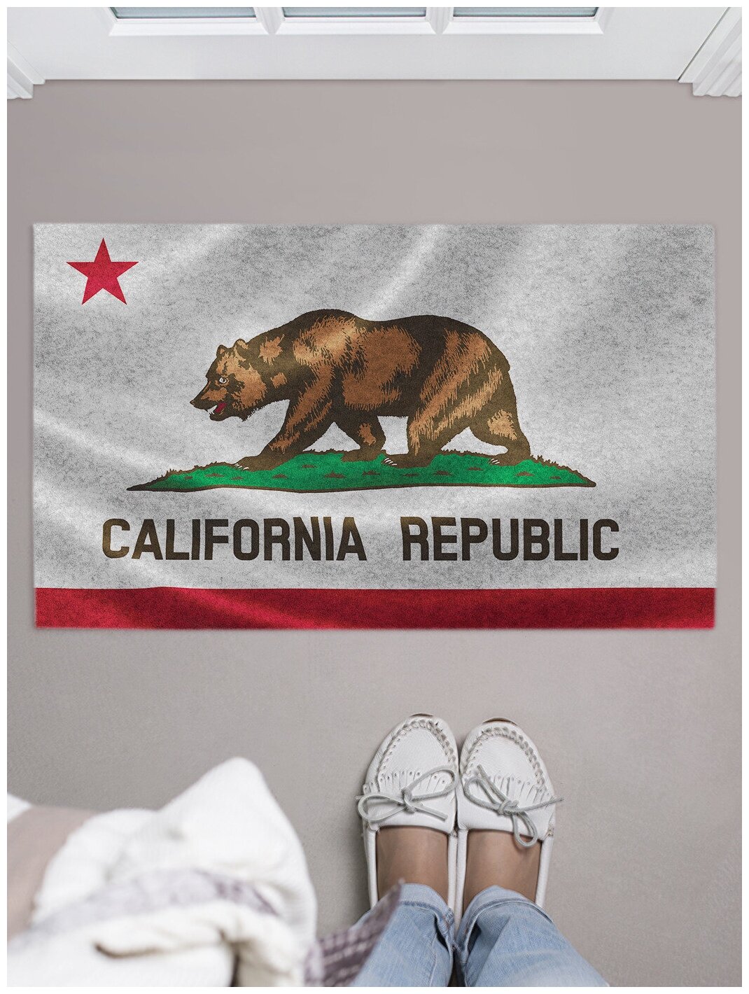 Коврик придверный в прихожую с принтом "Флаг республики Калифорния" 45x75 см , JoyArty