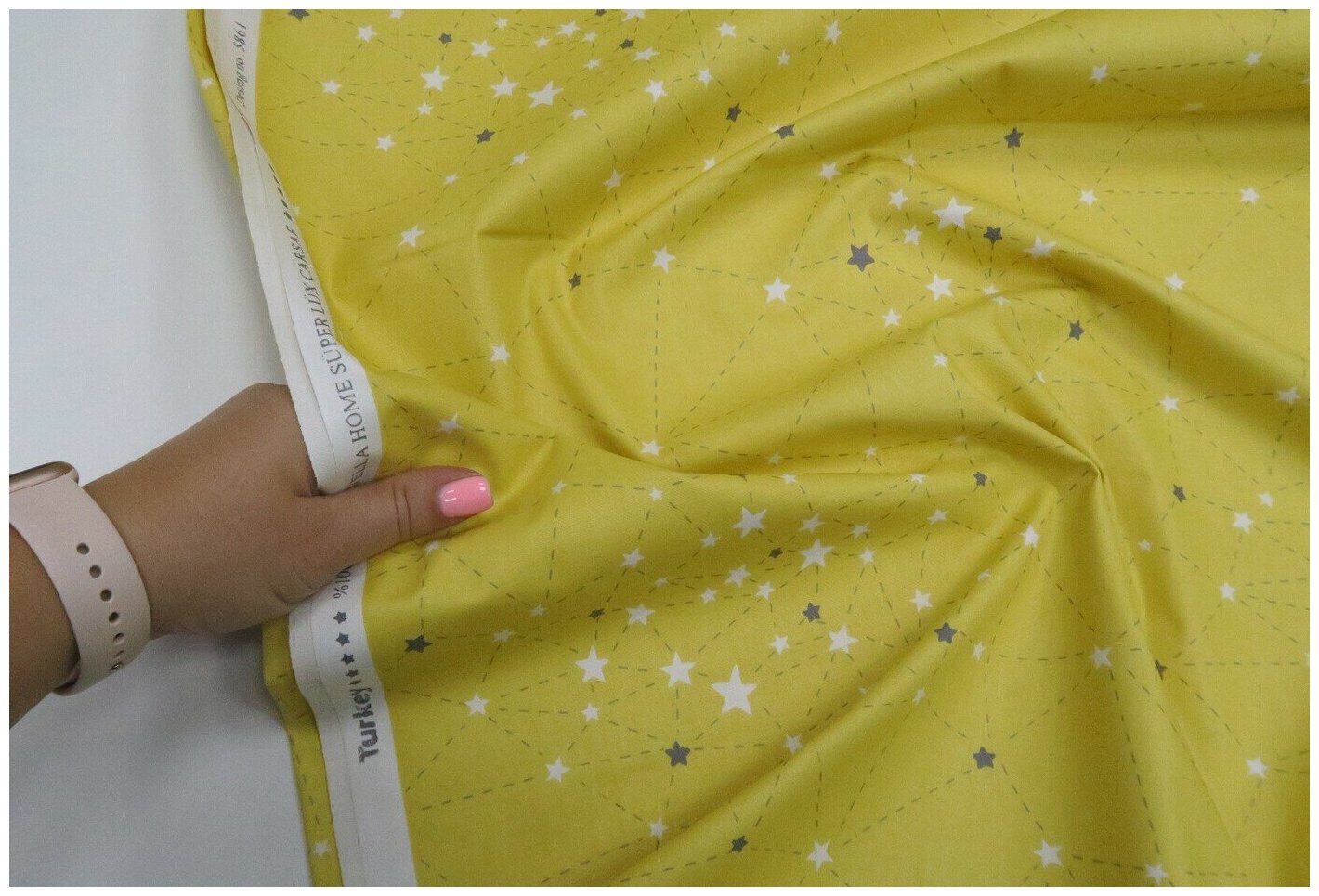 Ткань Ранфорс Lux принт: "Созвездие" на желтом (100 см. х240 см.)