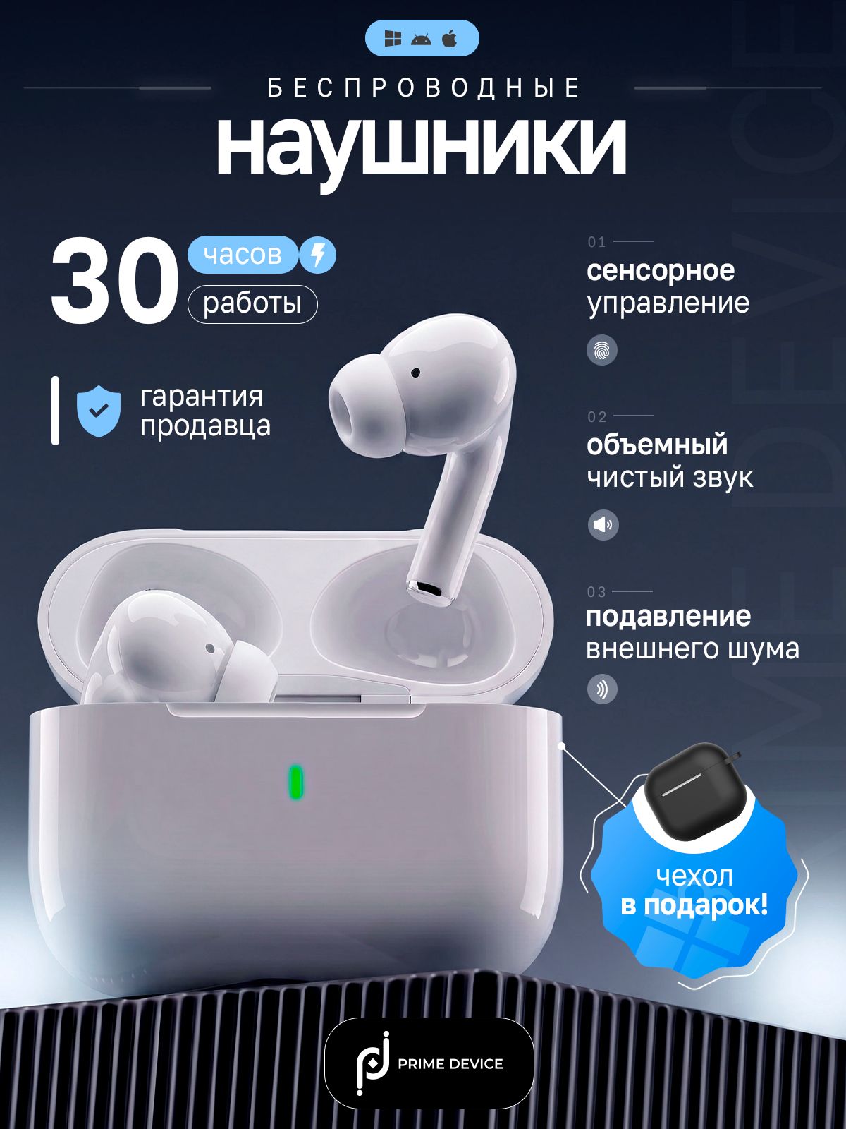 PRIME DEVICE Наушники беспроводные с микрофоном A7Pro белый, Bluetooth, USB Type-C, белый, слоновая кость
