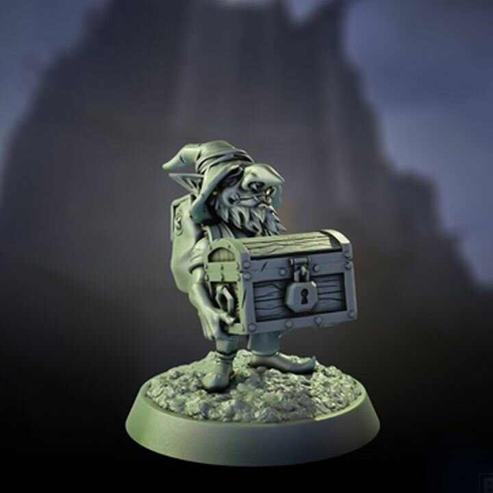 Гоблин с сундуком сокровищ (28мм) миниатюра для DnD (ДнД) и других Настольных игр (НРИ, Варгеймов или РПГ), фентези тематика