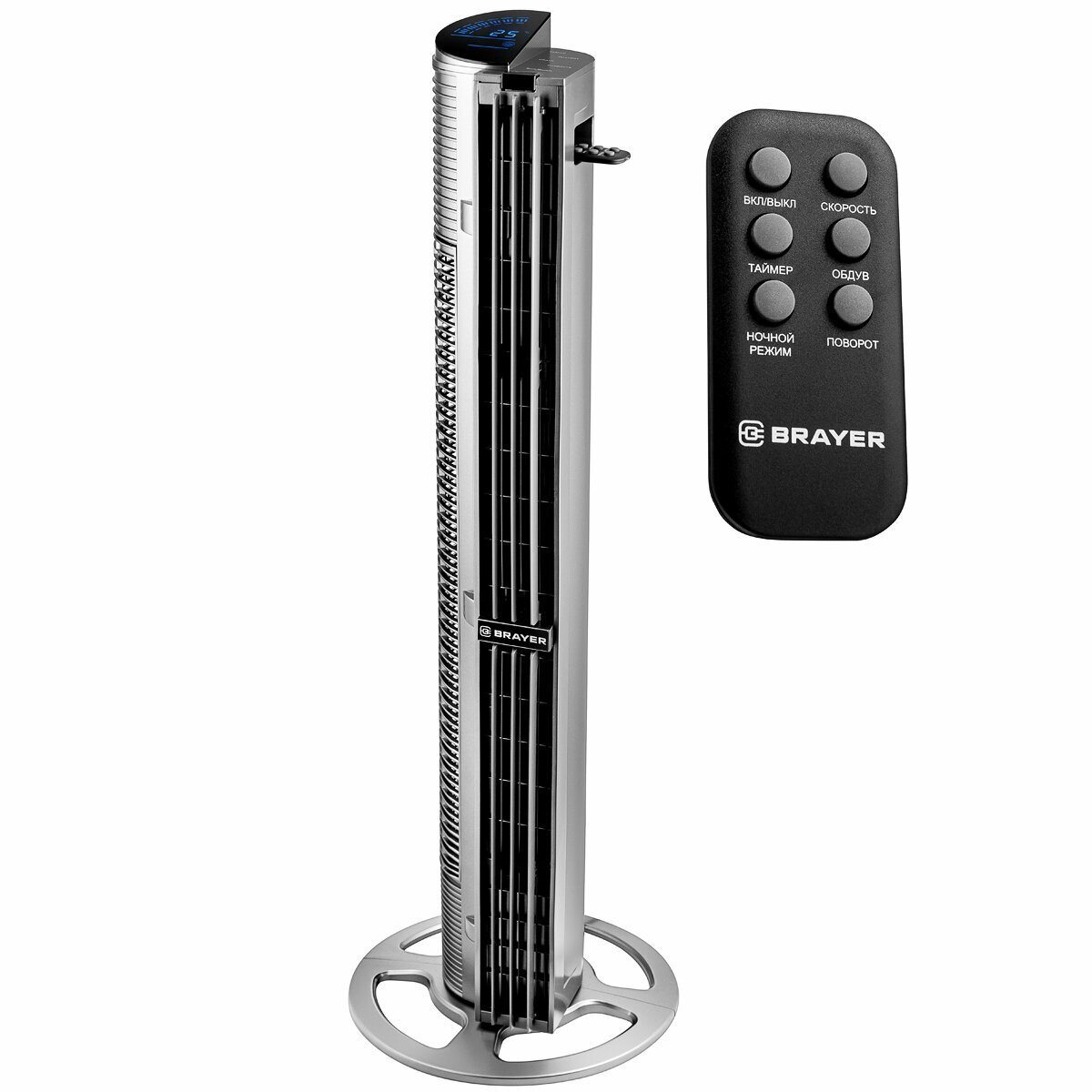 Колонный вентилятор BRAYER, Сенсор. упр, пульт ДУ, вращение70°, мощ-ть75Вт, LED-дисплей. BR4977