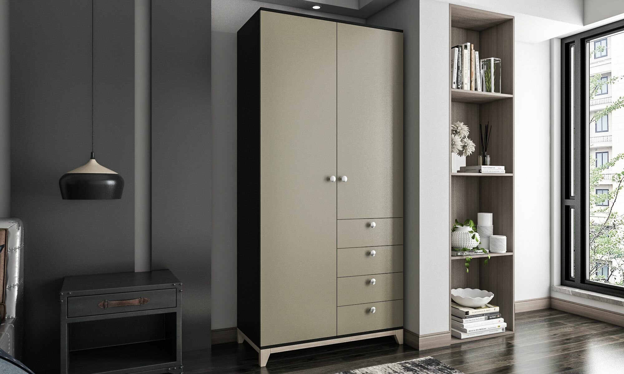 Распашной шкаф для одежды "Хельга 9" МДФ 100х210х50 Черный / Айрон