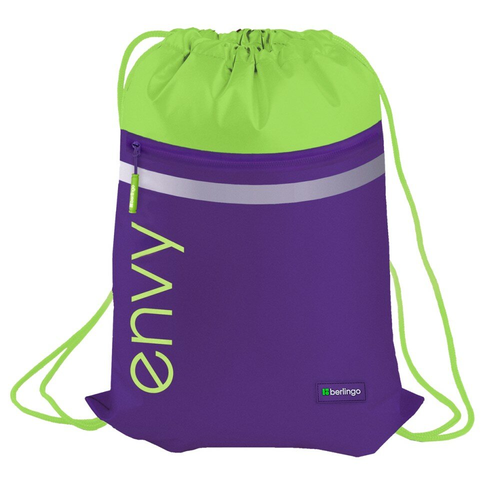 Мешок для обуви 36х47 см, 1 отделение Berlingo "Envy", светоотраж. лента, карман на молнии, зеленый