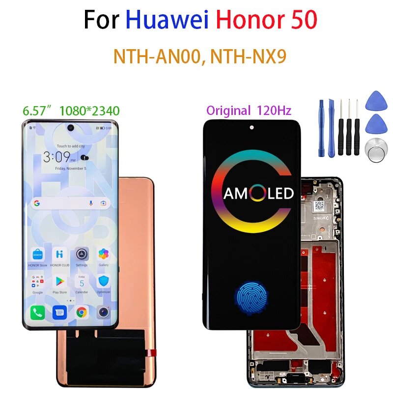 Оригинальный AMOLED для Huawei Honor 50, Honor 50, NTH-AN00 Pantalla, ЖК-дисплей, сенсорный экран, дигитайзер в сборе, замена With black frame