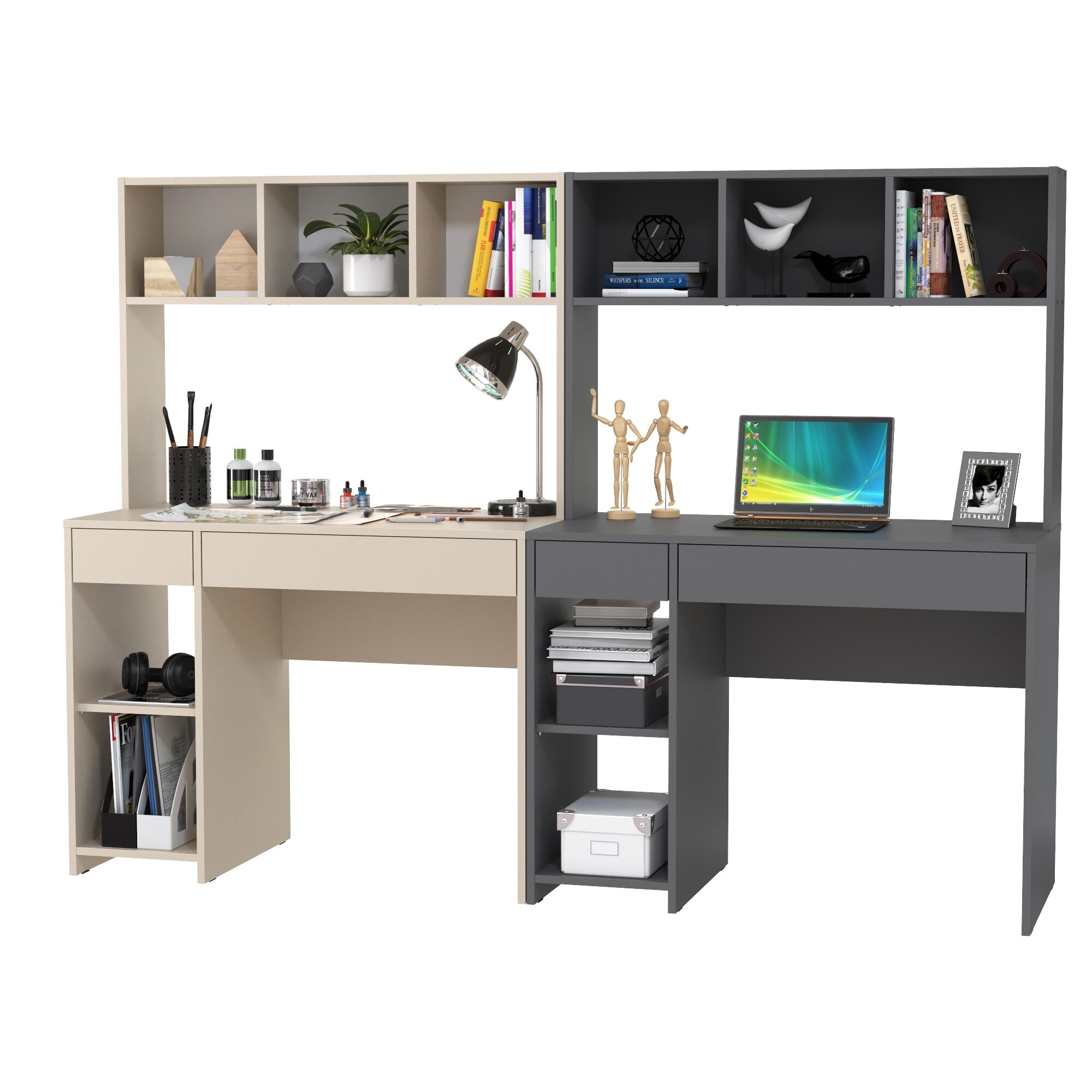 Два рабочих компьютерных стола Моби Комфорт 12.77F цвет сатин/тёмно-серый