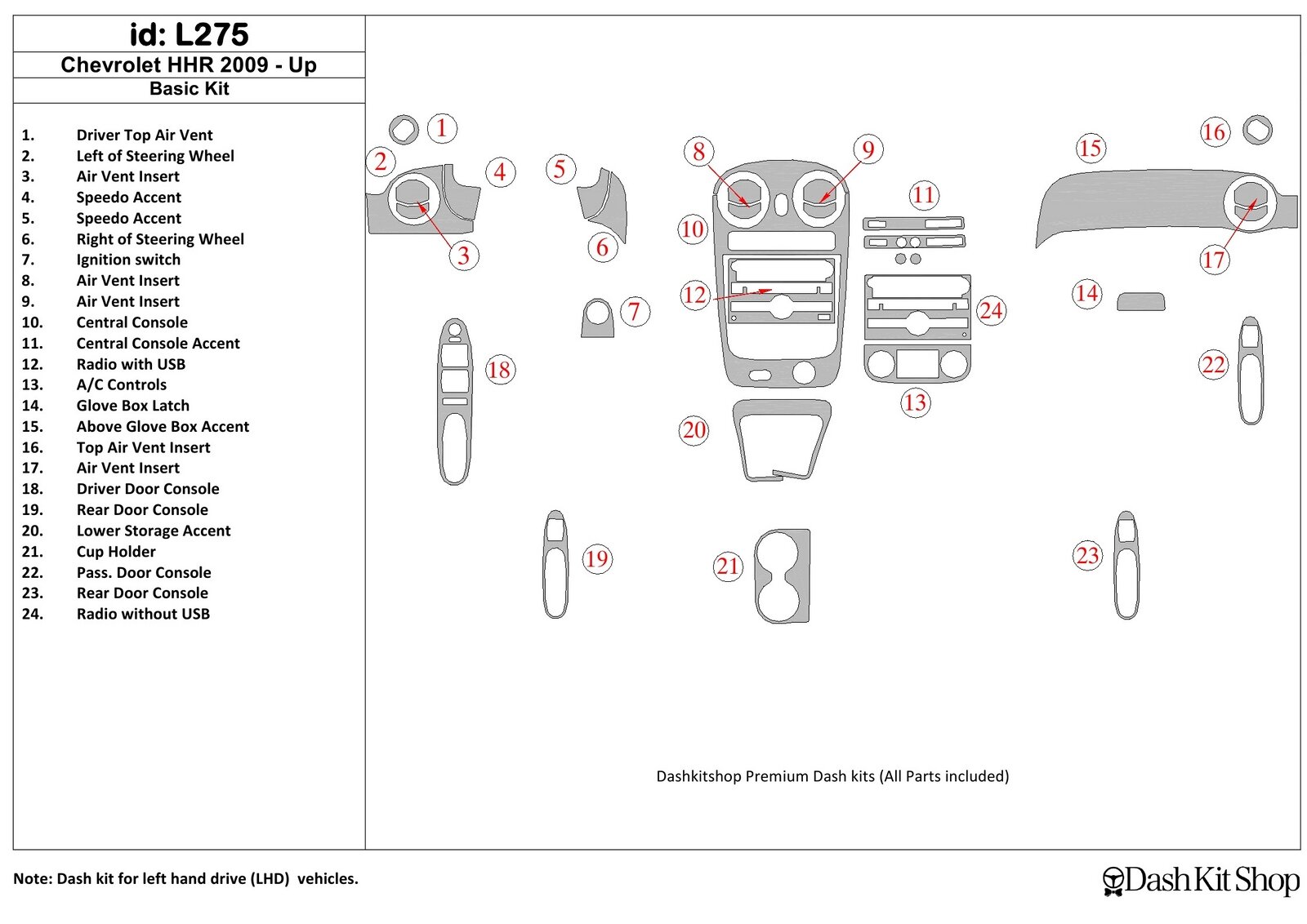 Накладки салона под дерево, карбон, алюминий для Chevrolet HHR 2009-UP. Комплект L275.