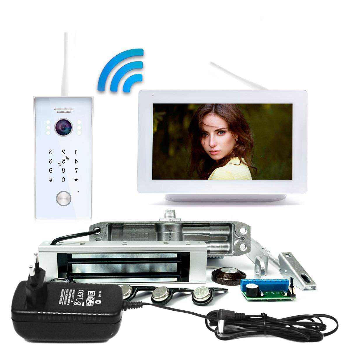 Комплект радиоканальный Wi-Fi HD видеодомофон + электромагнитный замок PL-400G - СкайНет 700-Tuya (1+0+400G)-LCD (C76264OK) и Wi-Fi вызывная панель