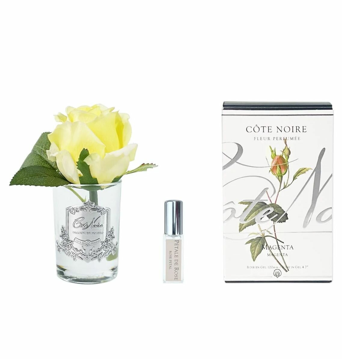 Ароматизированная роза COTE NOIRE желтый, прозрачная ваза, 1 спрей 10 мл ВхШхД 13,5х8х8 см