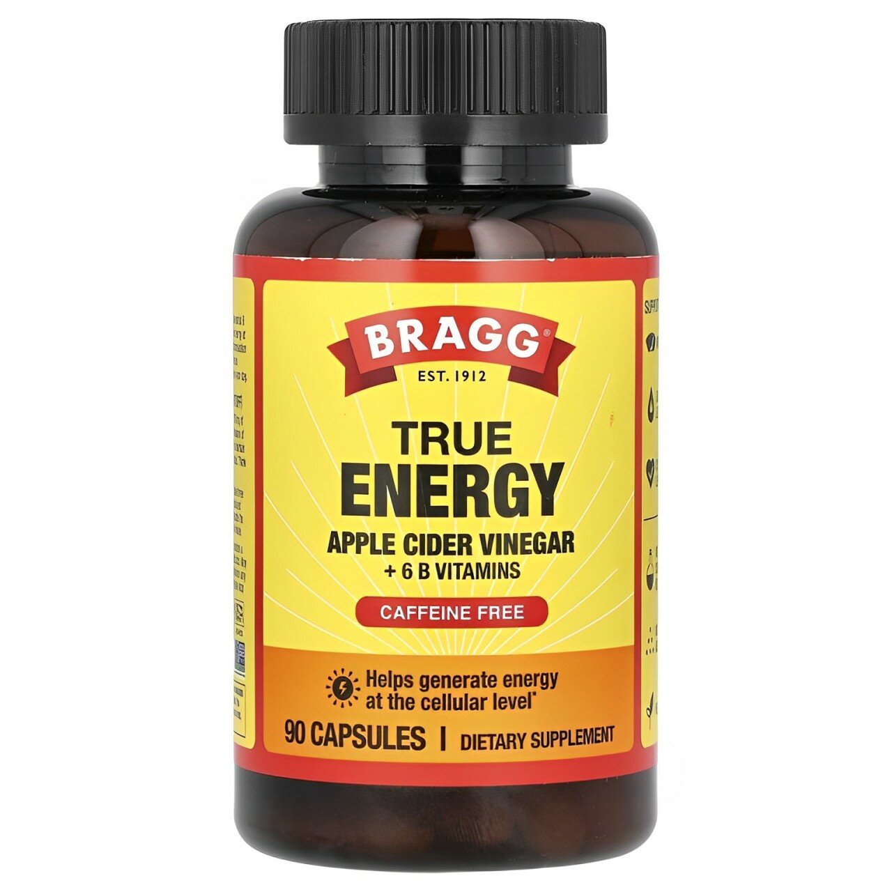 Bragg, True Energy, яблочный уксус, 6 витаминов группы B, без кофеина, 90 капсул